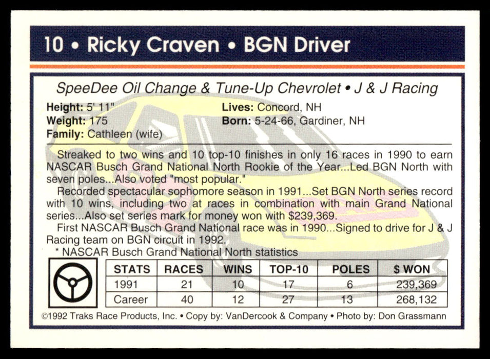 Ricky Craven 1992 Traks # 10 Base — Collectible Craze America