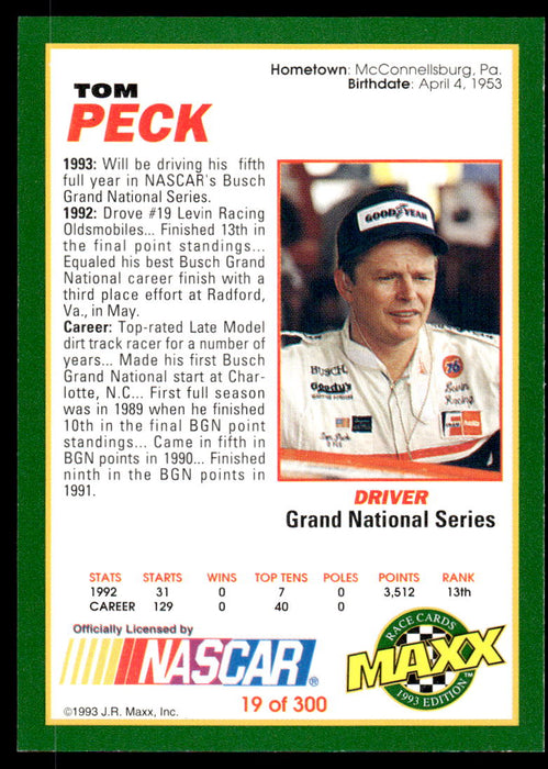 Tom Peck 1993 Maxx Race Cards # 19 Base — Collectible Craze America