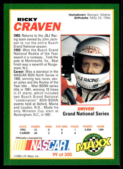 Ricky Craven 1993 Maxx Race Cards # 99 Base — Collectible Craze America