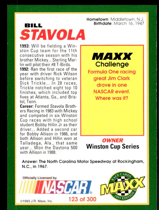 Bill Stavola 1993 Maxx Race Cards # 123 Base — Collectible Craze America