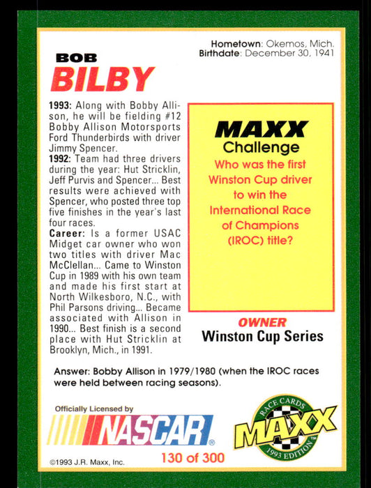 Bob Bilby 1993 Maxx Race Cards # 130 Base — Collectible Craze America