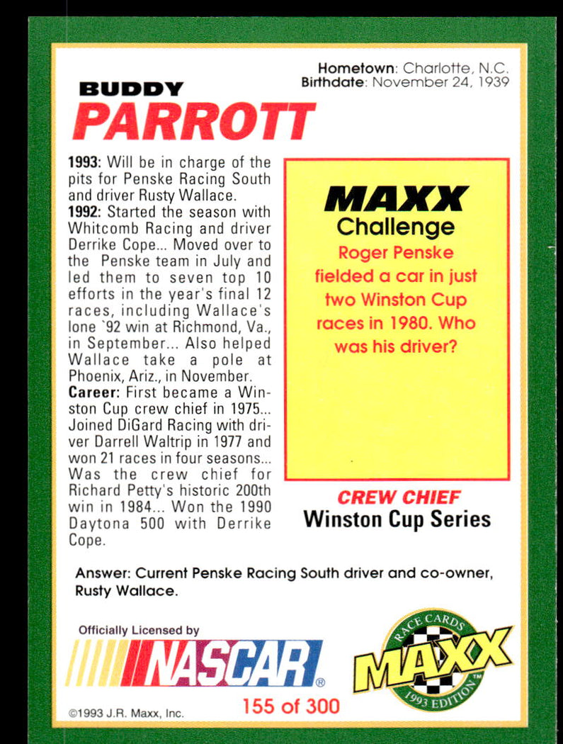 Buddy Parrott 1993 Maxx Race Cards # 155 Base — Collectible Craze America