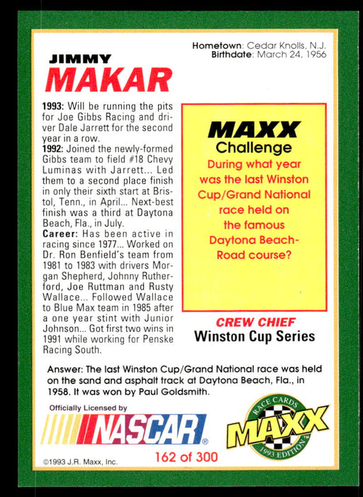 Jimmy Makar 1993 Maxx Race Cards # 162 Base — Collectible Craze America