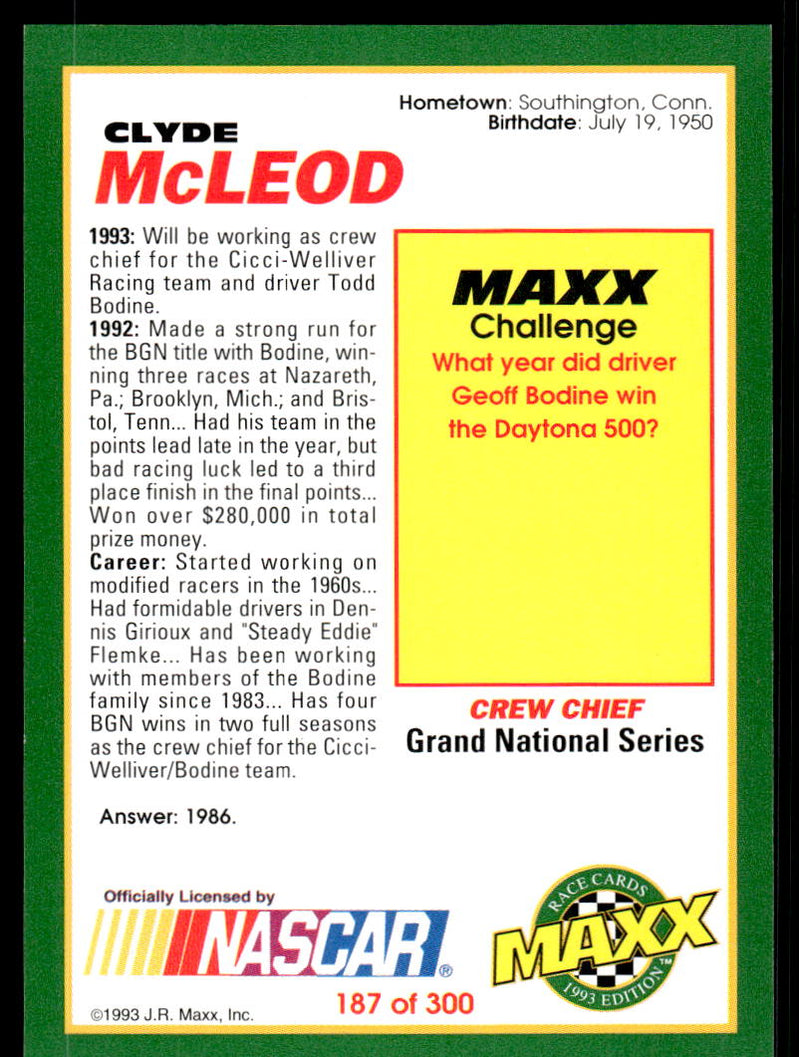 Clyde McLeod 1993 Maxx Race Cards # 187 Base — Collectible Craze America