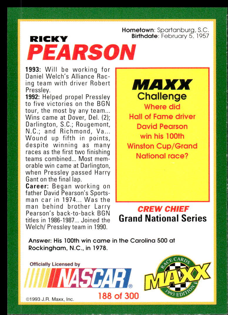 Ricky Pearson 1993 Maxx Race Cards # 188 Base — Collectible Craze America