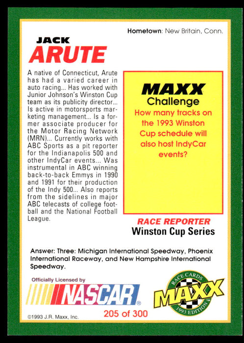 Jack Arute 1993 Maxx Race Cards # 205 Base — Collectible Craze America