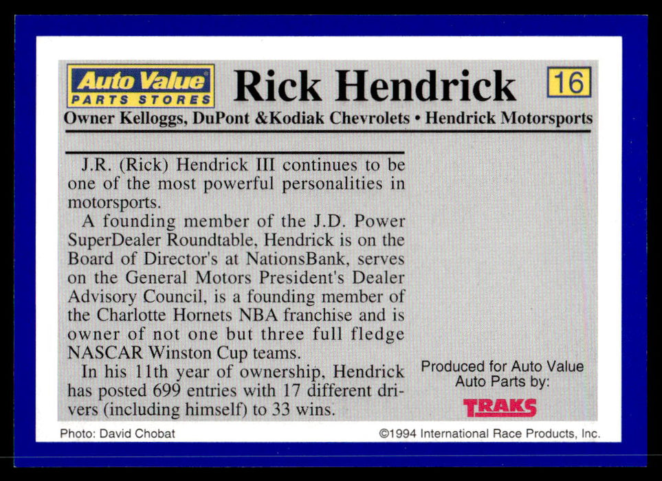 Rick Hendrick 1994 Traks Auto Value Parts Stores Collector Cards # 16 ...